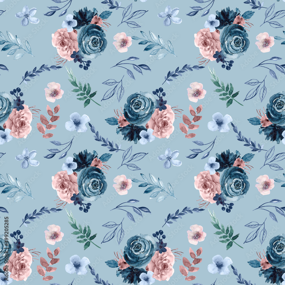 Watercolor pink and blue roses pattern. Dusty pink and dusty blue ...