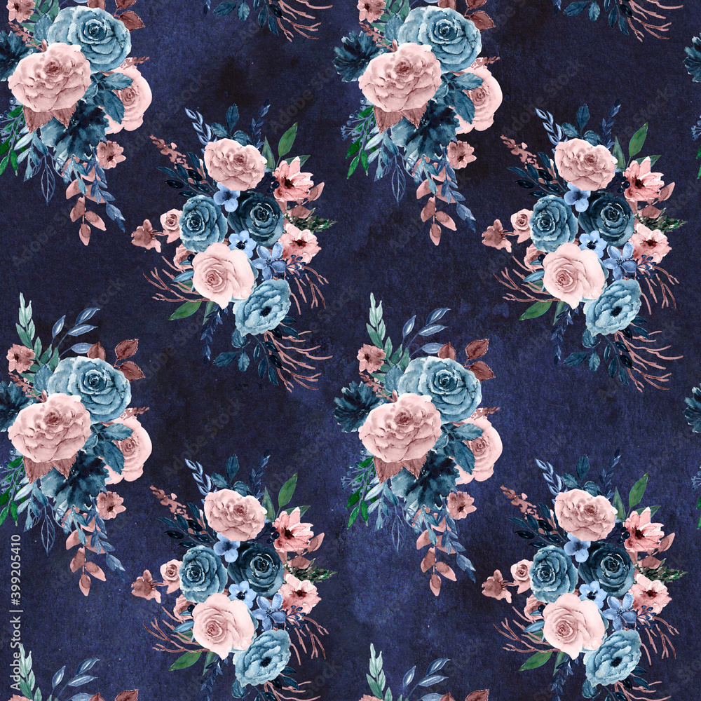 Watercolor pink and blue roses pattern. Dusty pink and dusty blue ...