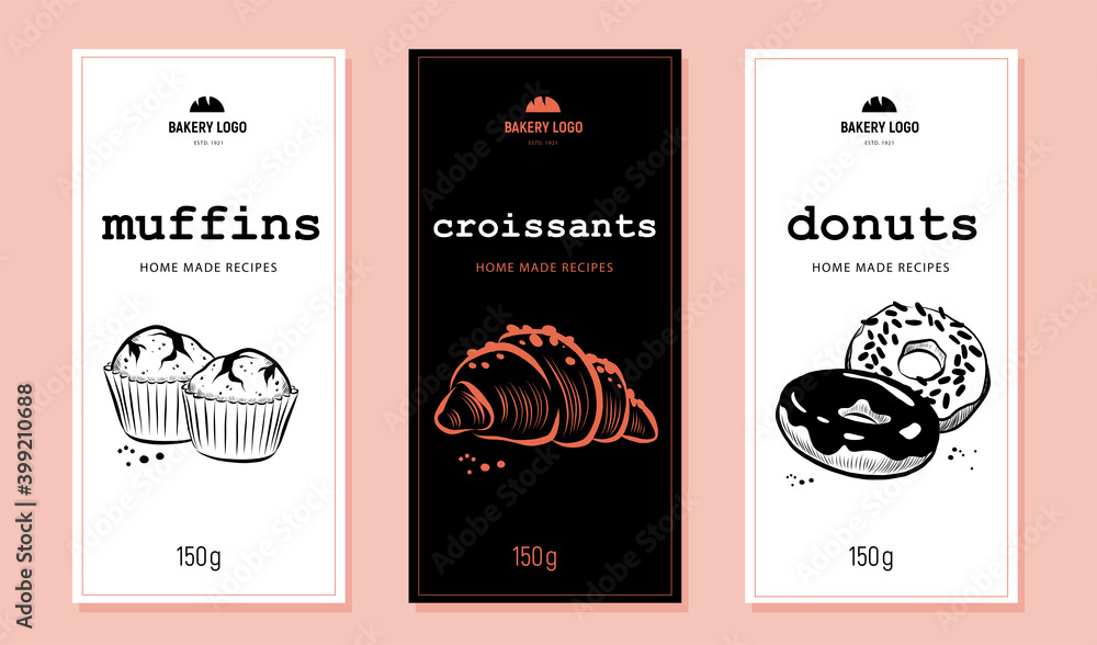 Collection of desserts labels with muffins, croisssants and donuts ...