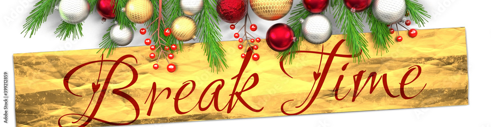 Break time and white Christmas card with light background, golden ...