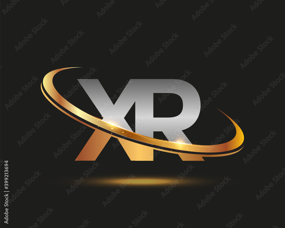 initial letter XR logotype company name colored gold and silver swoosh ...