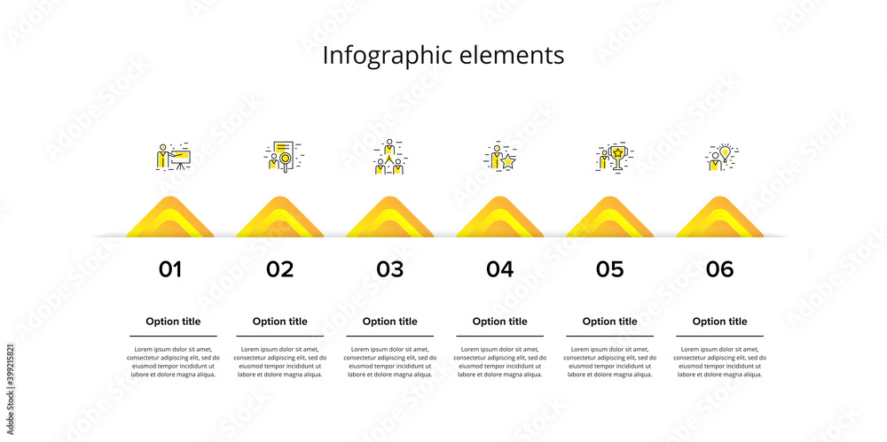 Business process chart infographics with 6 step squares. Circular ...