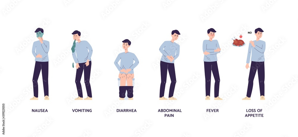 Poisoning symptoms with man feels discomfort flat vector illustration ...