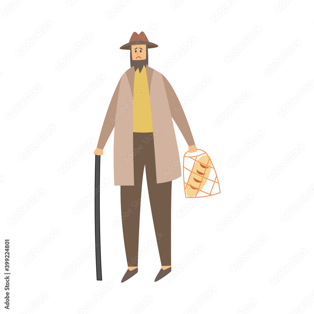 Poor homeless sad man in old clothes a vector isolated illustration ...