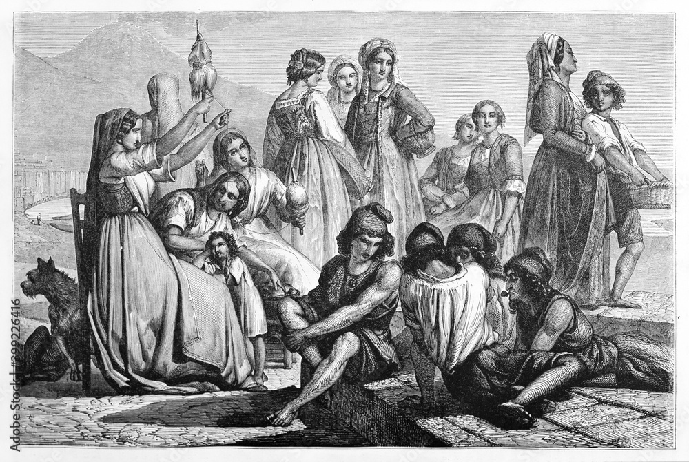 grup of people traditional Neapolitan costumes dressed posing over gulf ...