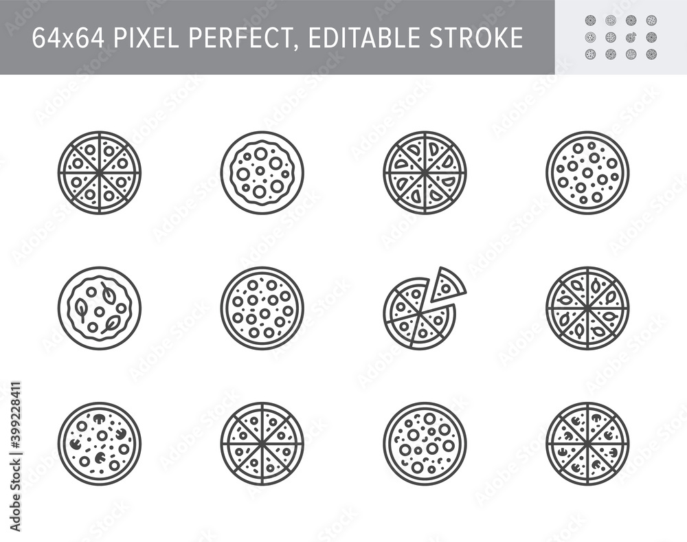 Pizza line icons. Vector illustration included icon as slice, pepperoni ...