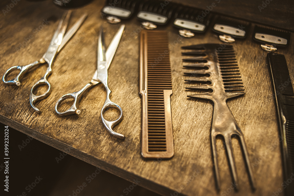 combs and scissors for haircuts lie on a shelf in the cabin Stock Photo ...