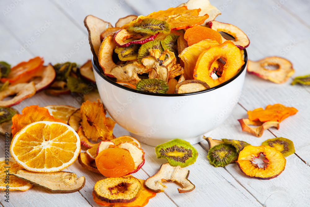 Organic Healthy Assorted Dried Fruit Mix close up. Dried fruit snacks ...