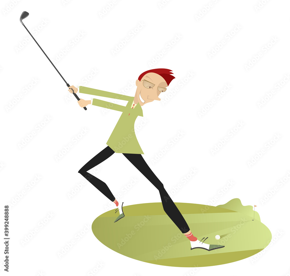 Smiling golfer man on the golf course illustration. Cartoon smiling ...