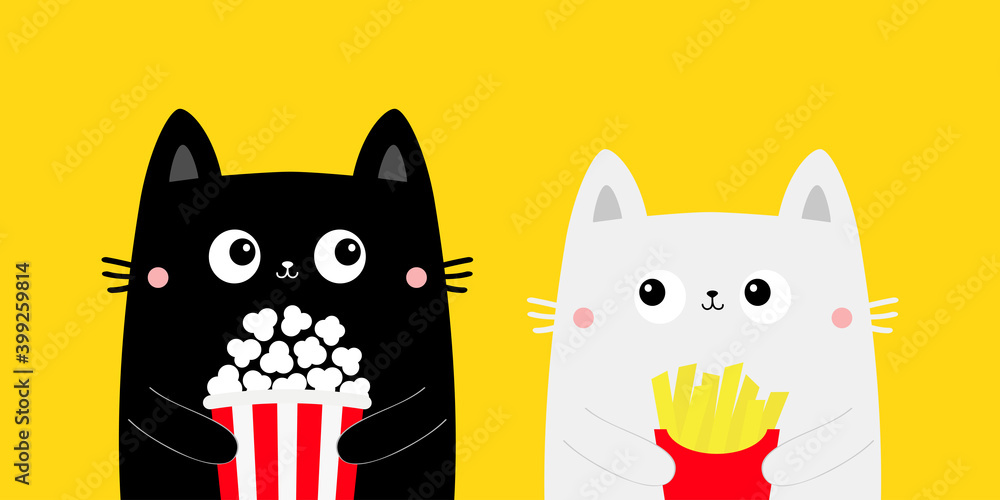 Cat set. Popcorn, french fries. Cute cartoon funny character. Black ...