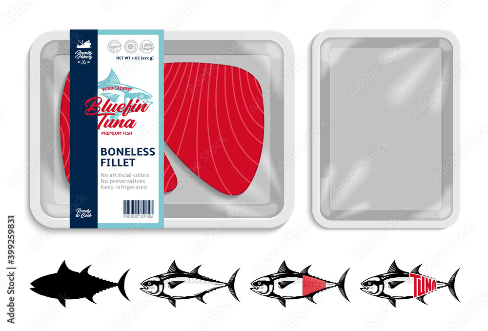 Vector tuna packaging illustration. Flat style seafood label. Tuna fish ...