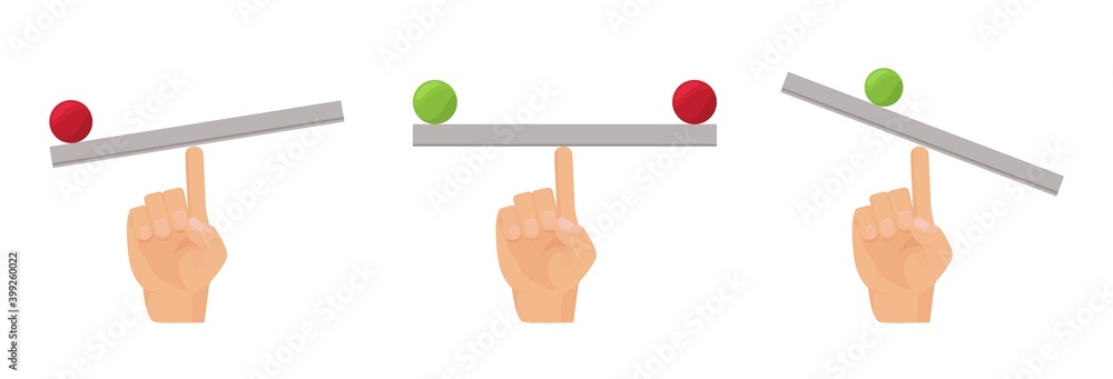Finger balance. Human hand and seesaw, flat equilibrio desk with ball ...