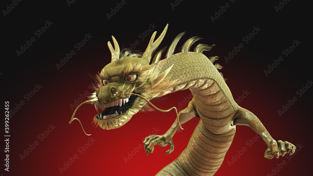 Gold Chinese Dragon Isolated on dark Background with Clipping Path. 3D ...