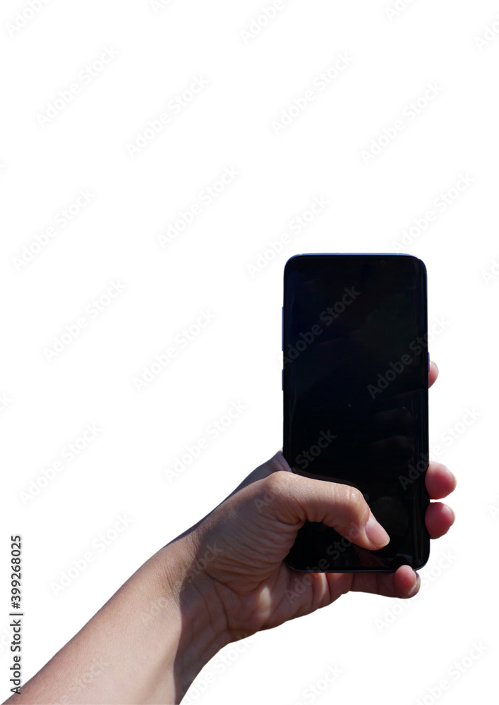 Hand holding smart phone with black screen and no background. vertical ...