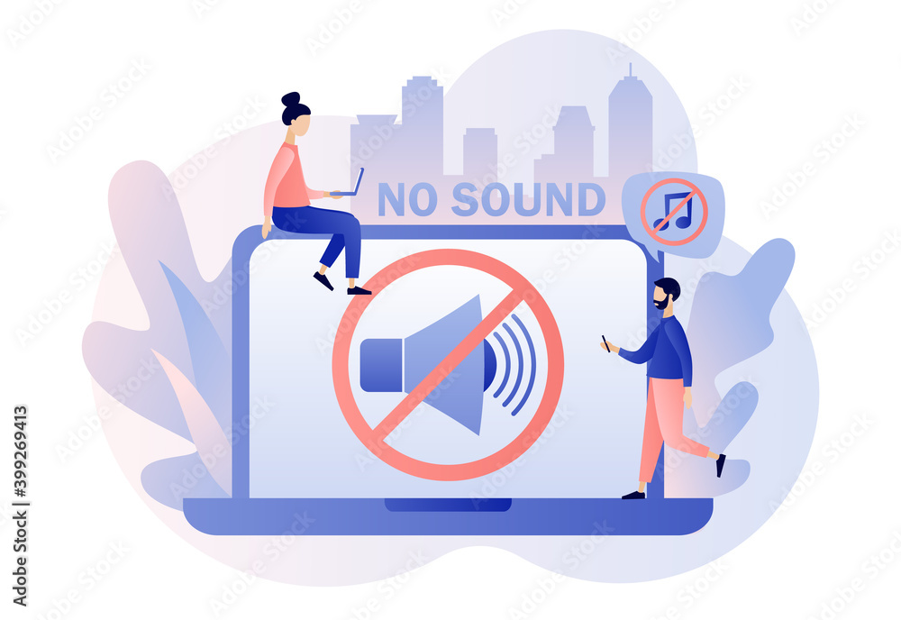 No sound. Quiet zone concept. Stop noise sign and tiny people. Volume ...
