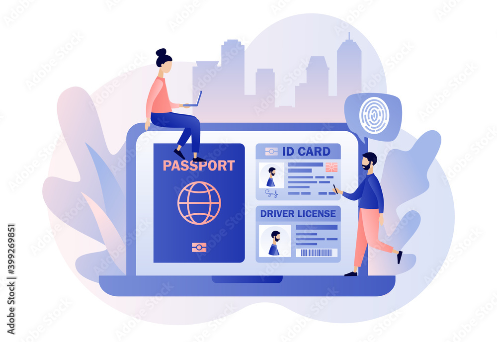 Smart ID card concept. Tiny people and Biometric documents in web site ...