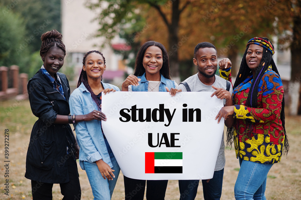 Study in UAE. Group of five african college students on campus at ...