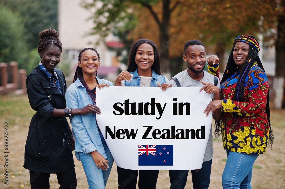 Study in New Zealand. Group of five african college students on campus ...