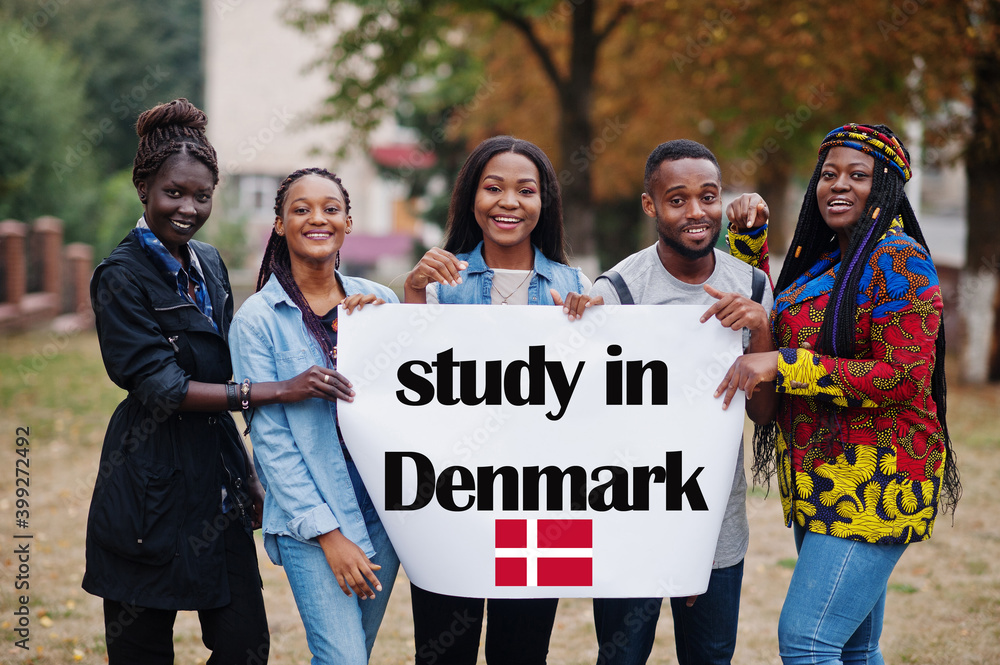 Study in Denmark. Group of five african college students on campus at ...