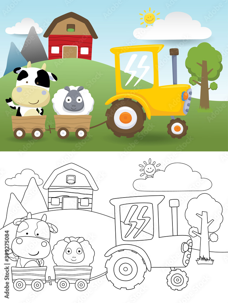 Vector illustration of farm animals cartoon on cart pulling by yellow ...