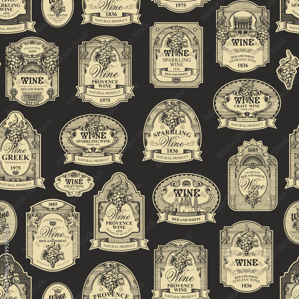 Seamless pattern with ornate hand-drawn wine labels on a dark ...