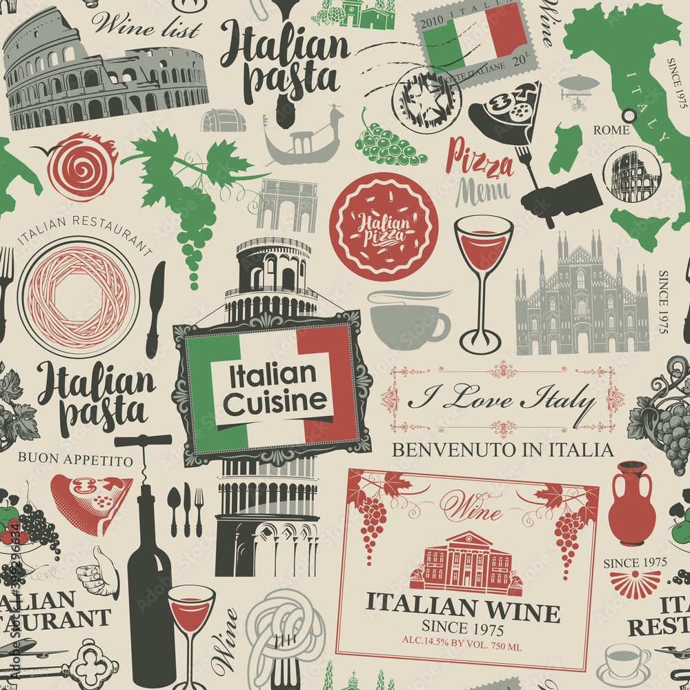 Abstract seamless pattern on the theme of Italy and Italian cuisine in ...