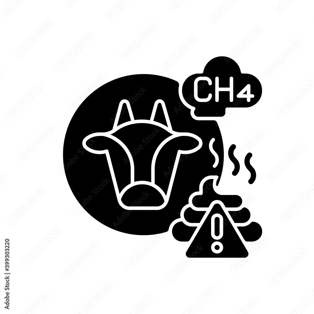 Farming livestock black glyph icon. People damaging earth atmosphere ...