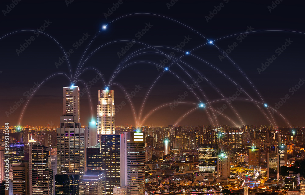 Digital connecting lines and dots in a night skyline. Concept about ...