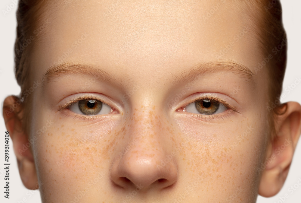 Eyes open and nose. Close up portrait of beautiful redhair caucasian ...