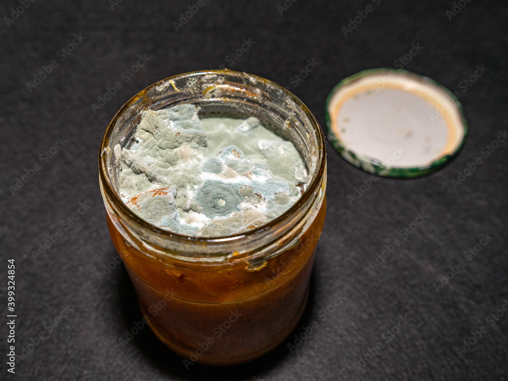 A jar of jam that has deteriorated and moldy from improper storage ...