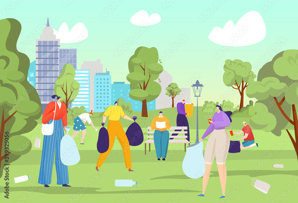 Clean up park from garbage, vector illustration. City environment ...