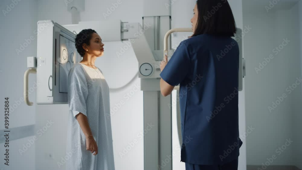 Hospital Radiology Room: Beautiful Latin Woman Standing while ...