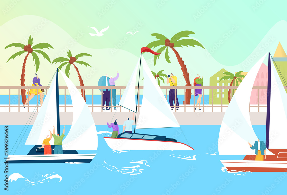 Summer sea water tourism, vector illustration. Cartoon yacht vacation ...