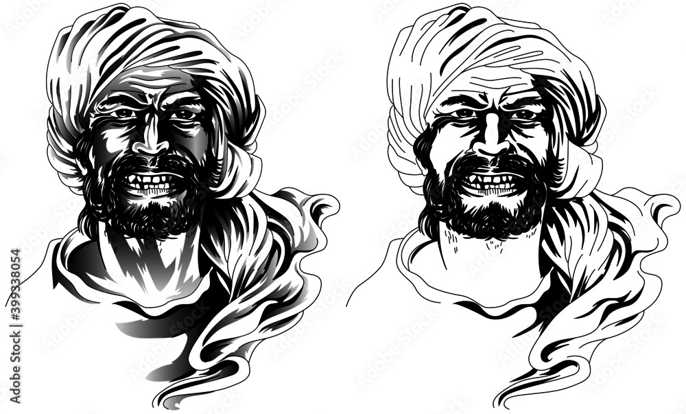 Muslim face in ethnic headdress. Hand drawn sketch vector illustration ...