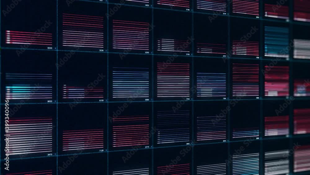 A wall of colorful short moving bars of narrow lines on black ...