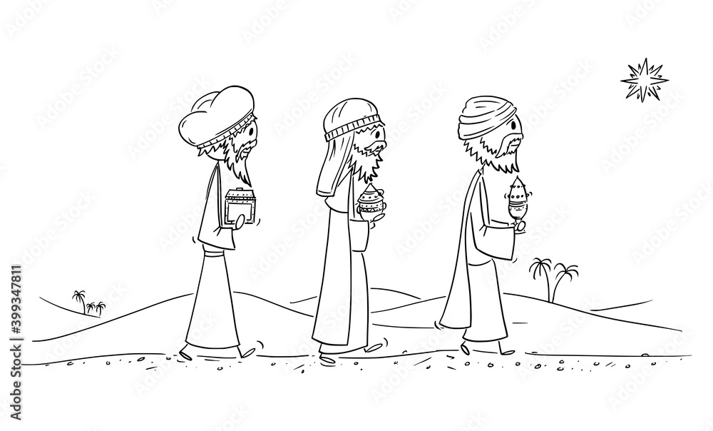Vector cartoon stick figure illustration of three wise men or kings or ...