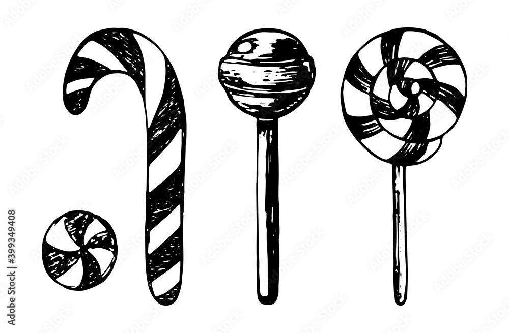 Candy sketch collection. Hand drawn line art elements set. Black and ...
