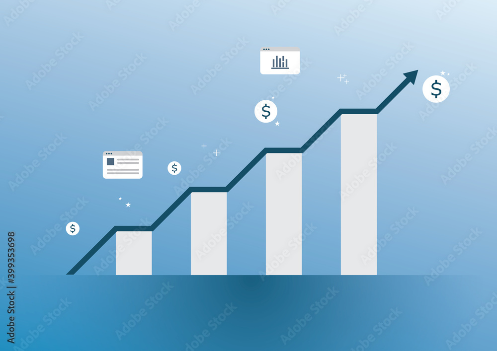 business graph with arrow. growing graph with financial symbols on blue ...