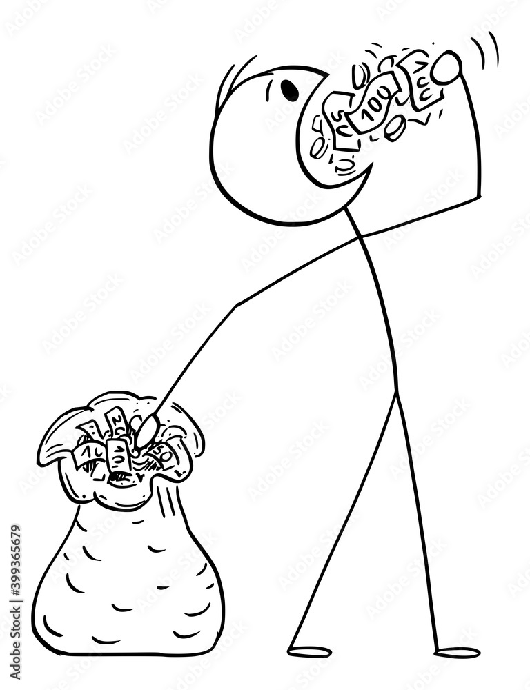 Vector cartoon stick figure illustration of selfish wealthy scrooge man ...