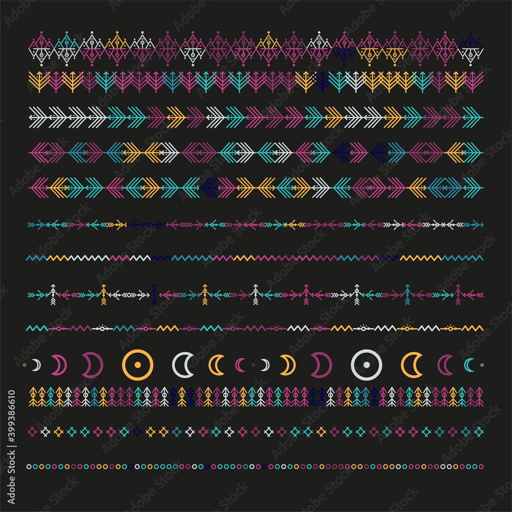 Color ethnic line ornaments. Tribal geometric design, aztec style ...