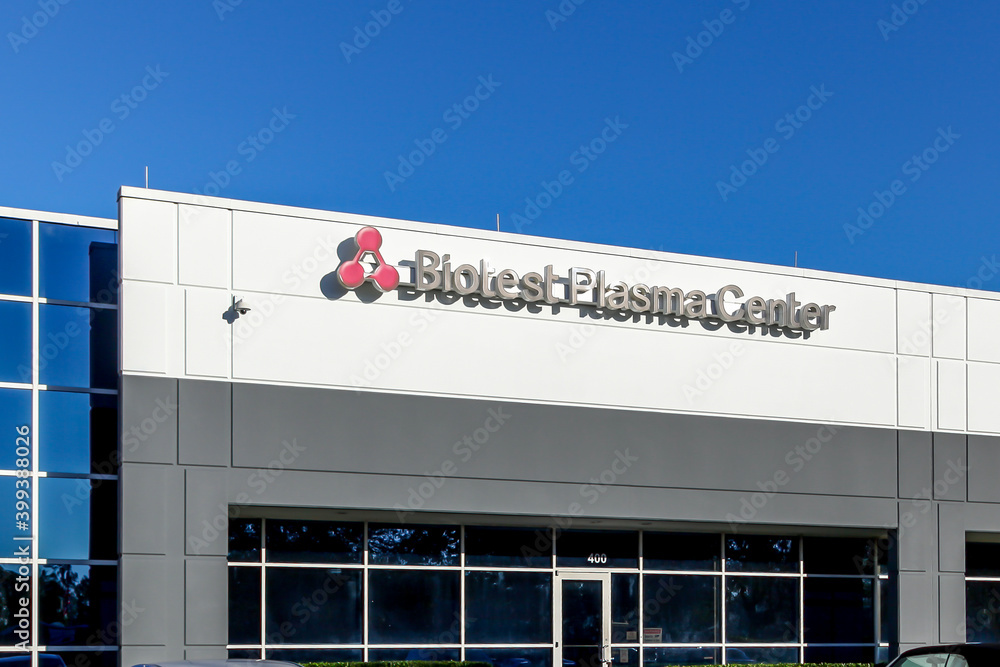 Orlando, Florida, USA- February 8, 2020: Biotest Plasma Center sign in ...