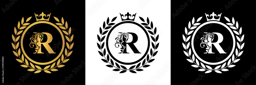 Letter R laurel wreath template logo Luxury gold letter with crown ...