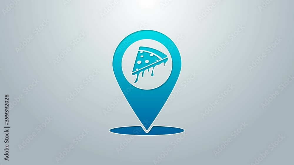 Blue line Map pointer with fast food slice pizza icon isolated on grey ...