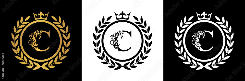 Letter C laurel wreath template logo Luxury gold letter with crown ...