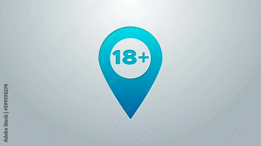 Blue line Map pointer with 18 plus icon isolated on grey background ...