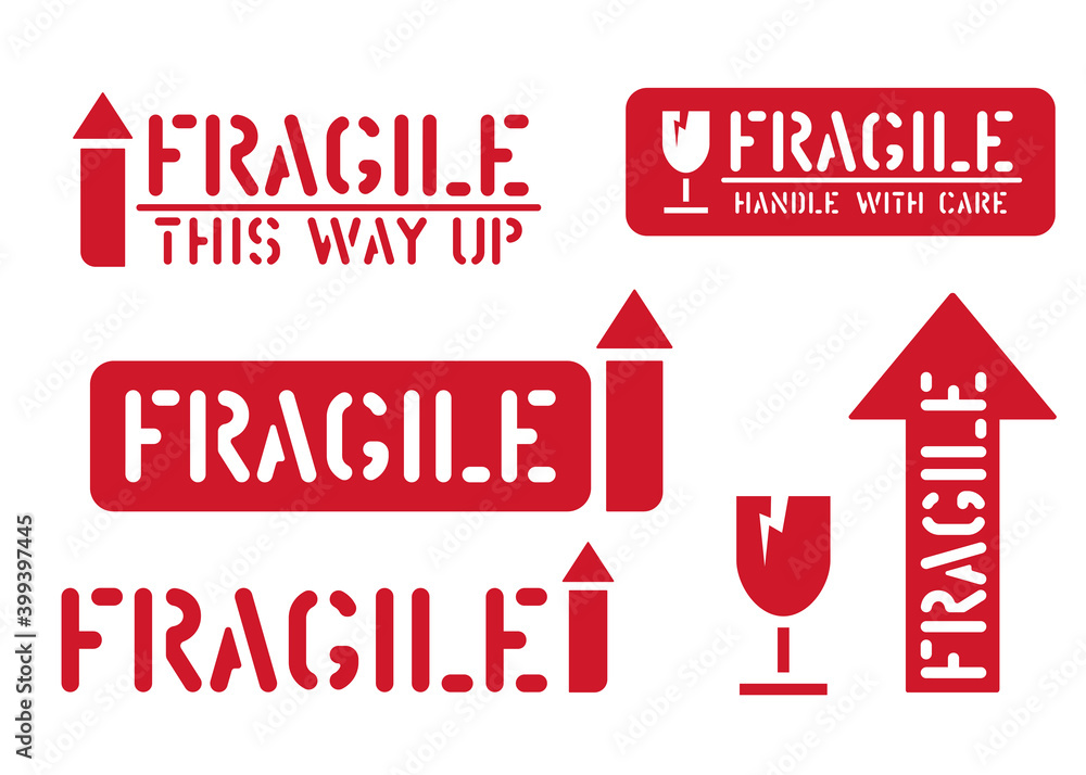 Fragile, this way up, handle with care box sign. Set of rubber stamps ...