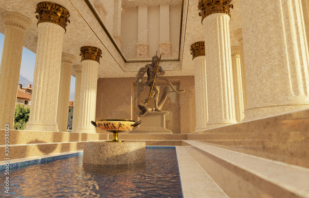 3D rendering scene with futuristic design place in ancient greek style ...