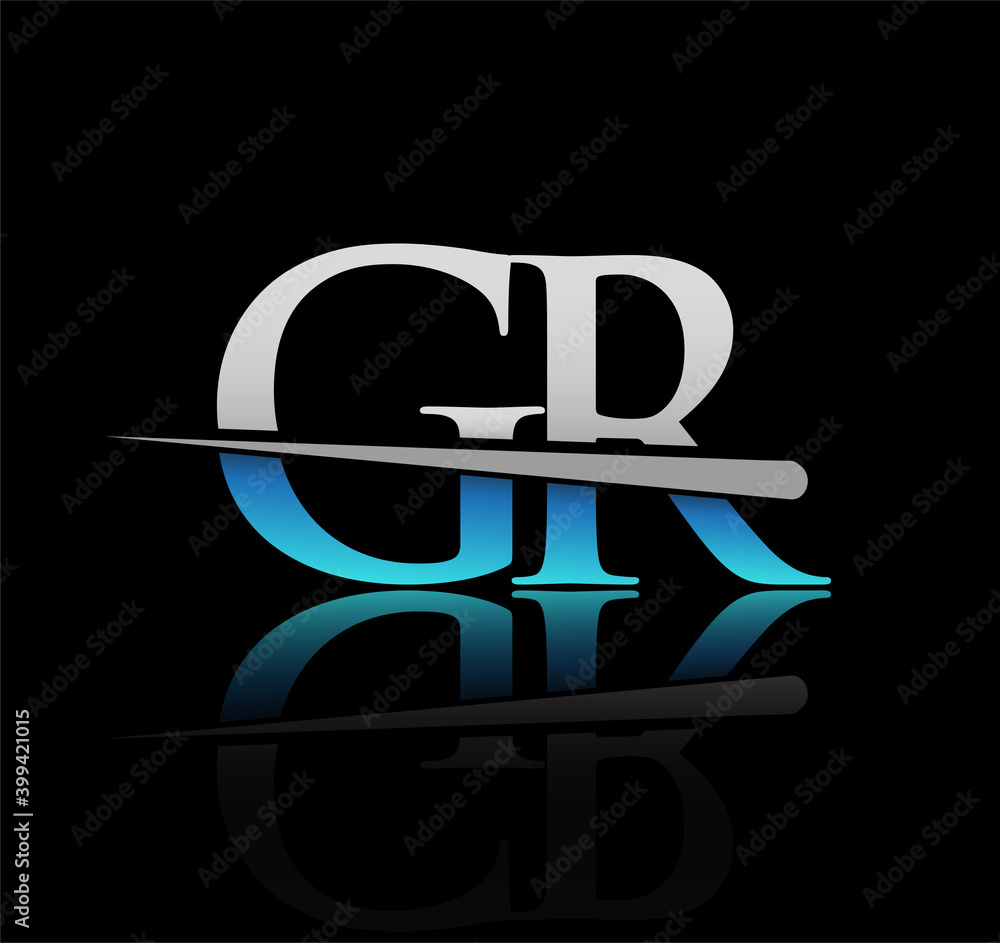 initial logotype letter GR company name colored blue and silver swoosh ...