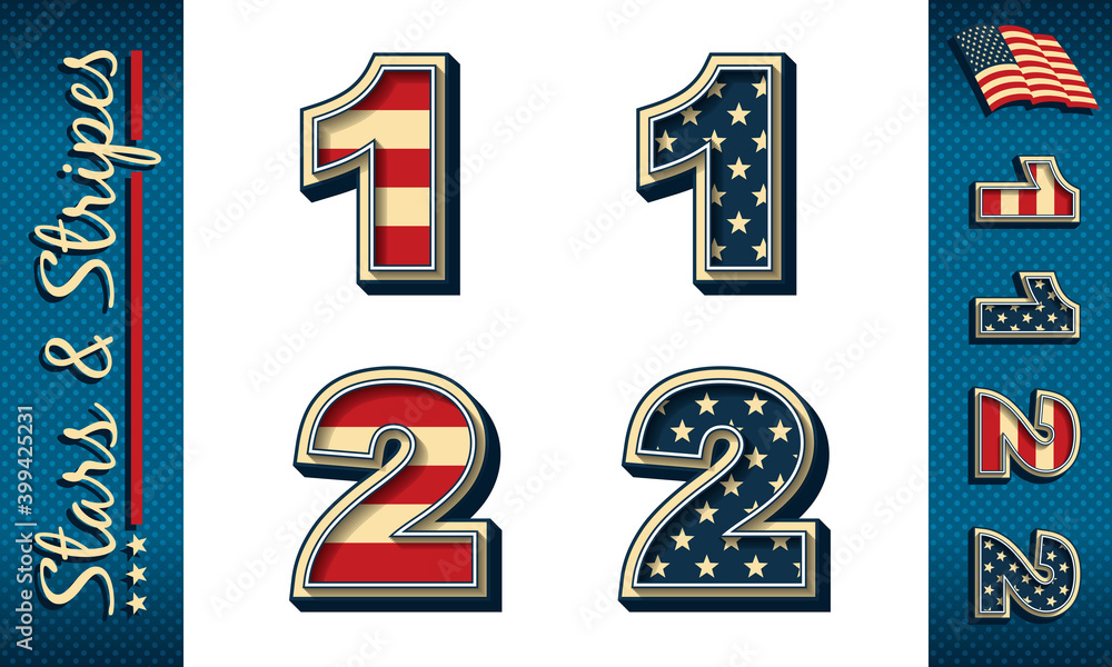 Numbers 1 and 2. Stylized vector numerals with USA flag elements and ...