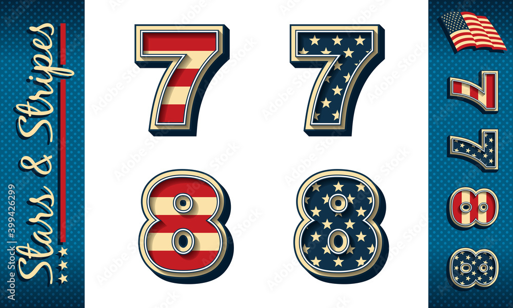 Numbers 7 and 8. Stylized vector numerals with USA flag elements and ...